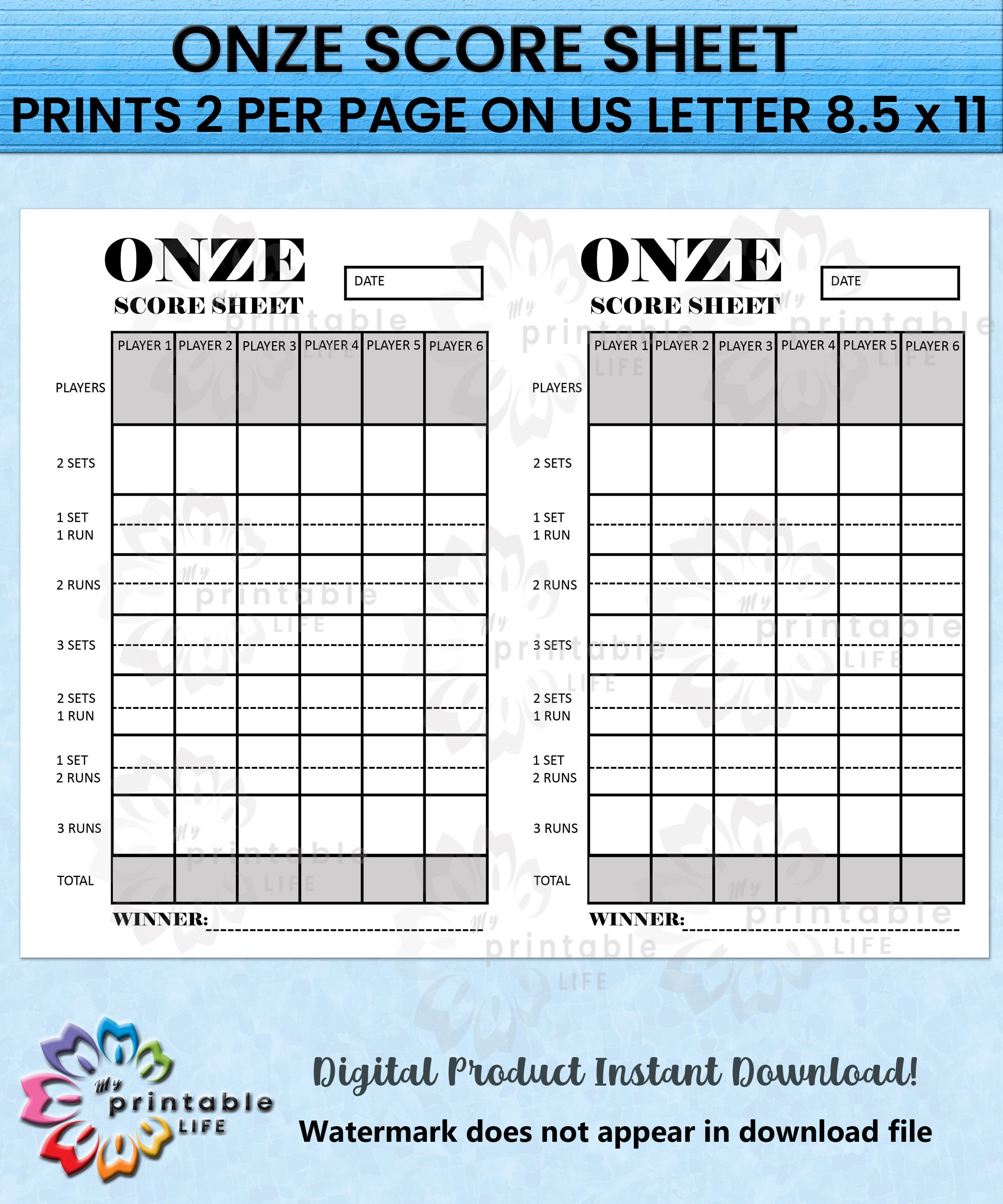 ONZE Score Sheet, Card Game Scorecard, Comes in 5 Colors, 2 Sizes ...