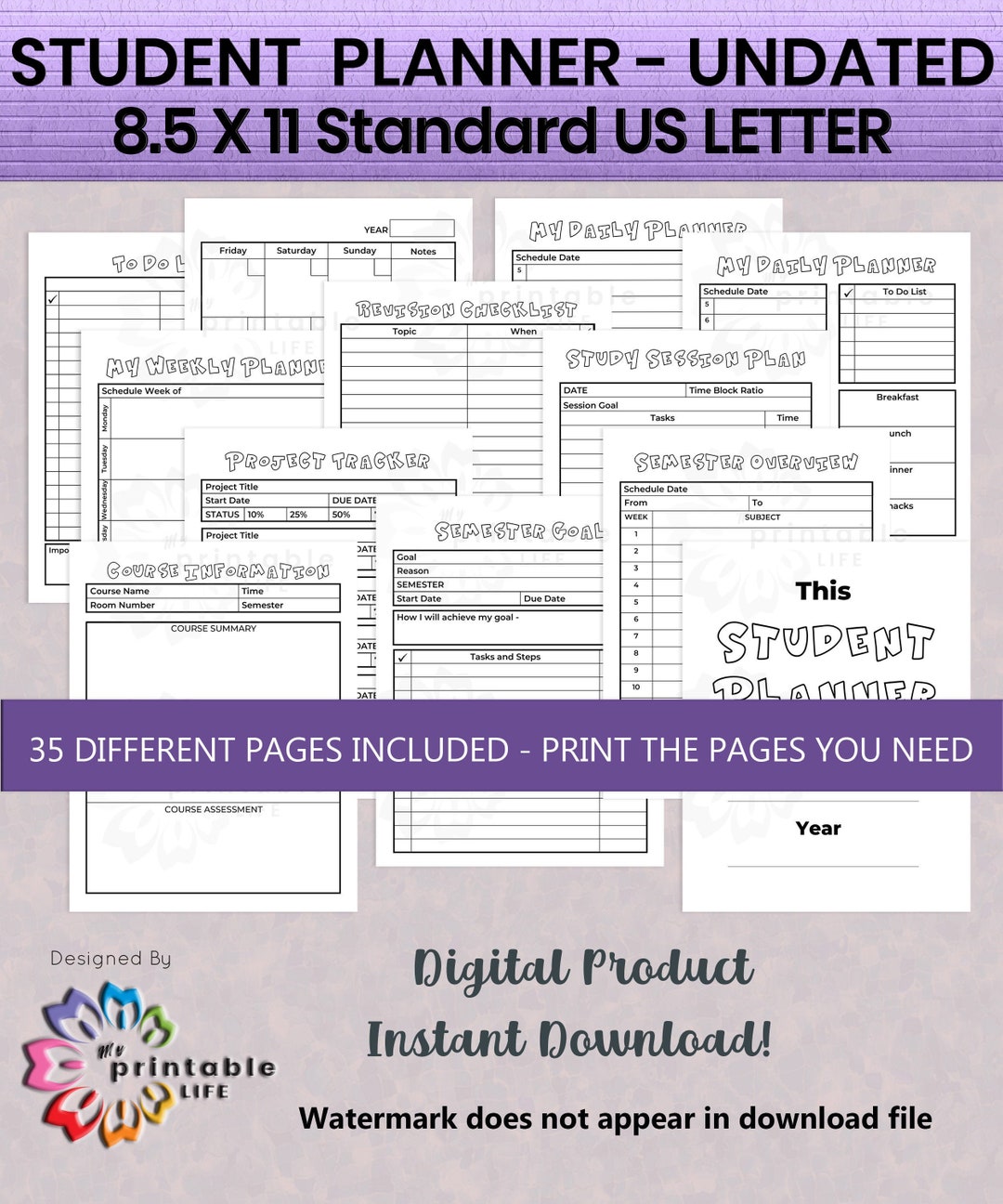 Undated Student Planner Printable, Academic Organizer (8.5x11) (digital ...