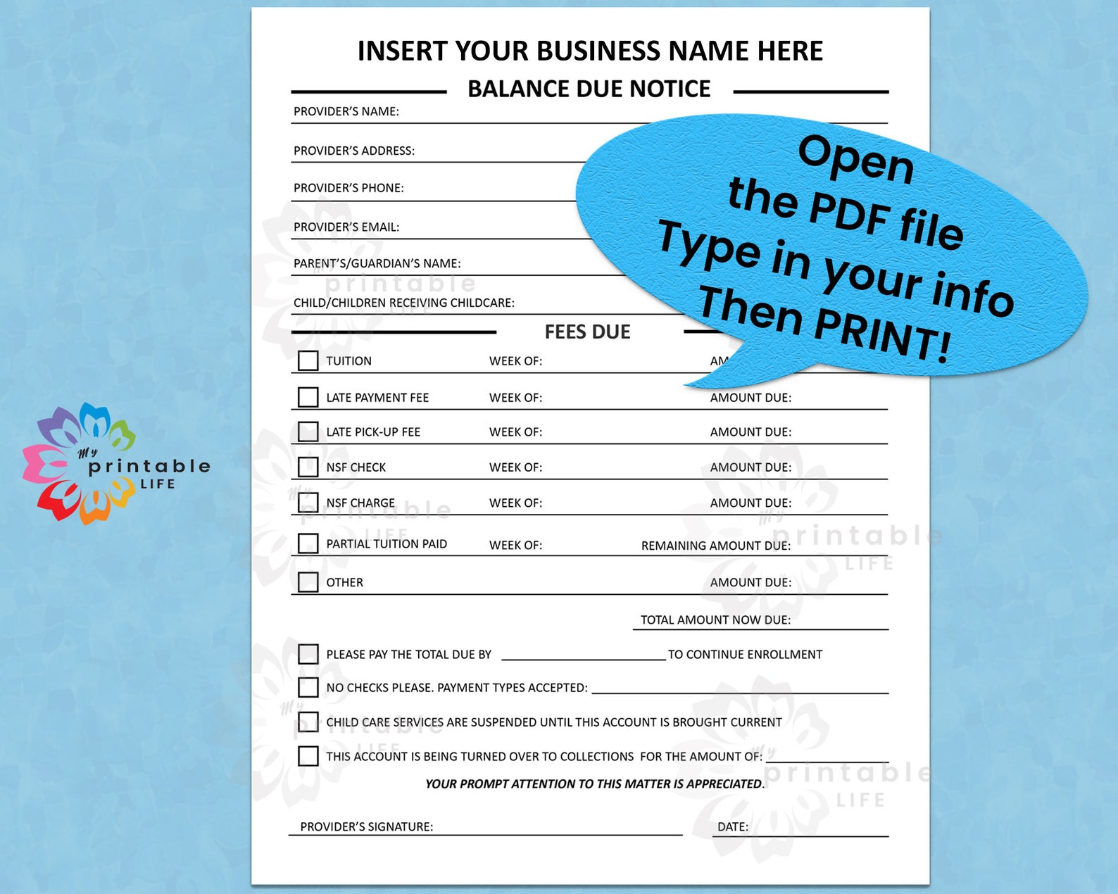 BALANCE DUE NOTICE Form Daycare or Child Care Printable, Childcare ...