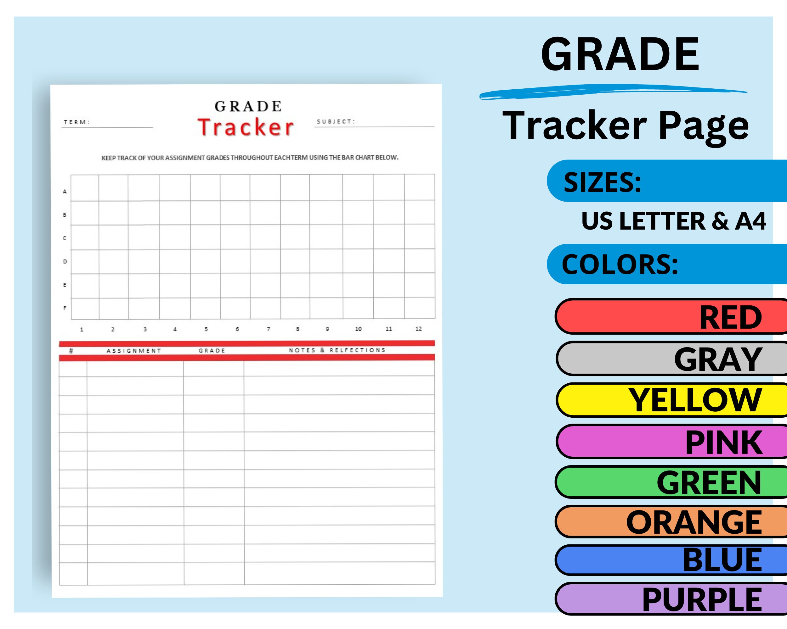 Grade Tracker Planner Page Printable | Student Organizer | Progress Log ...