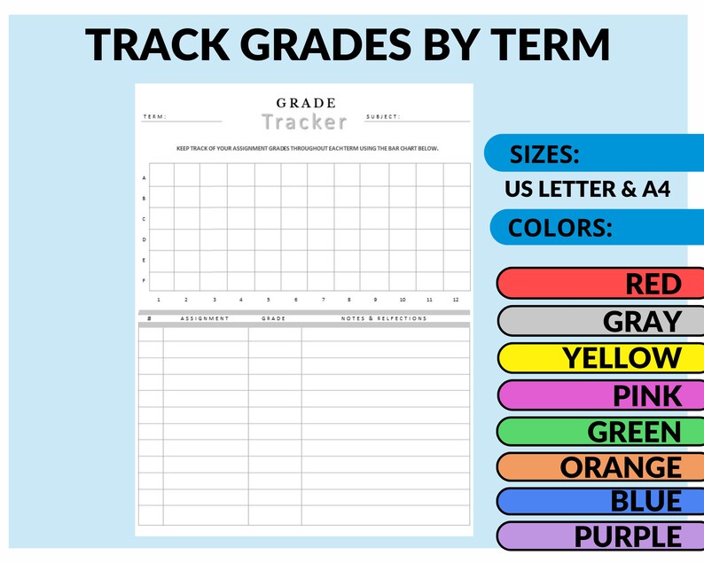 Grade Tracker Planner Page Printable | Student Organizer | Progress Log ...