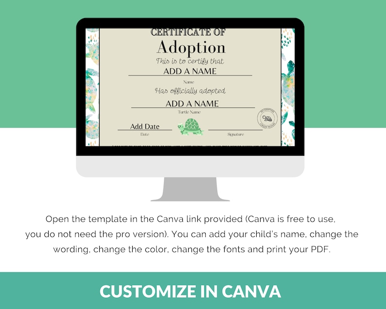 Editable Turtle Adoption Certificate | DIY Pet Keepsake (canva & PDF ...