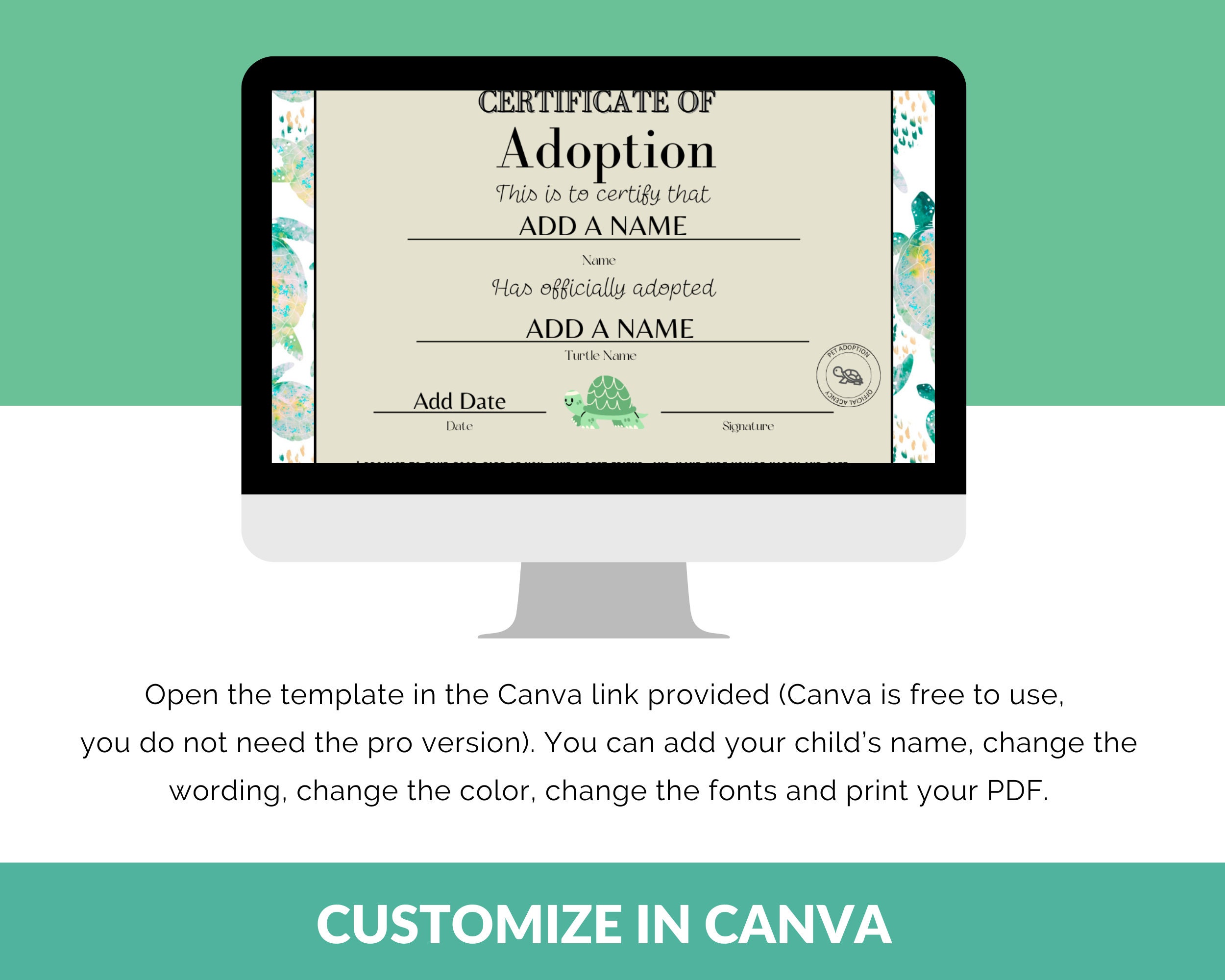 Editable Turtle Adoption Certificate | Custom Canva & PDF Template ...