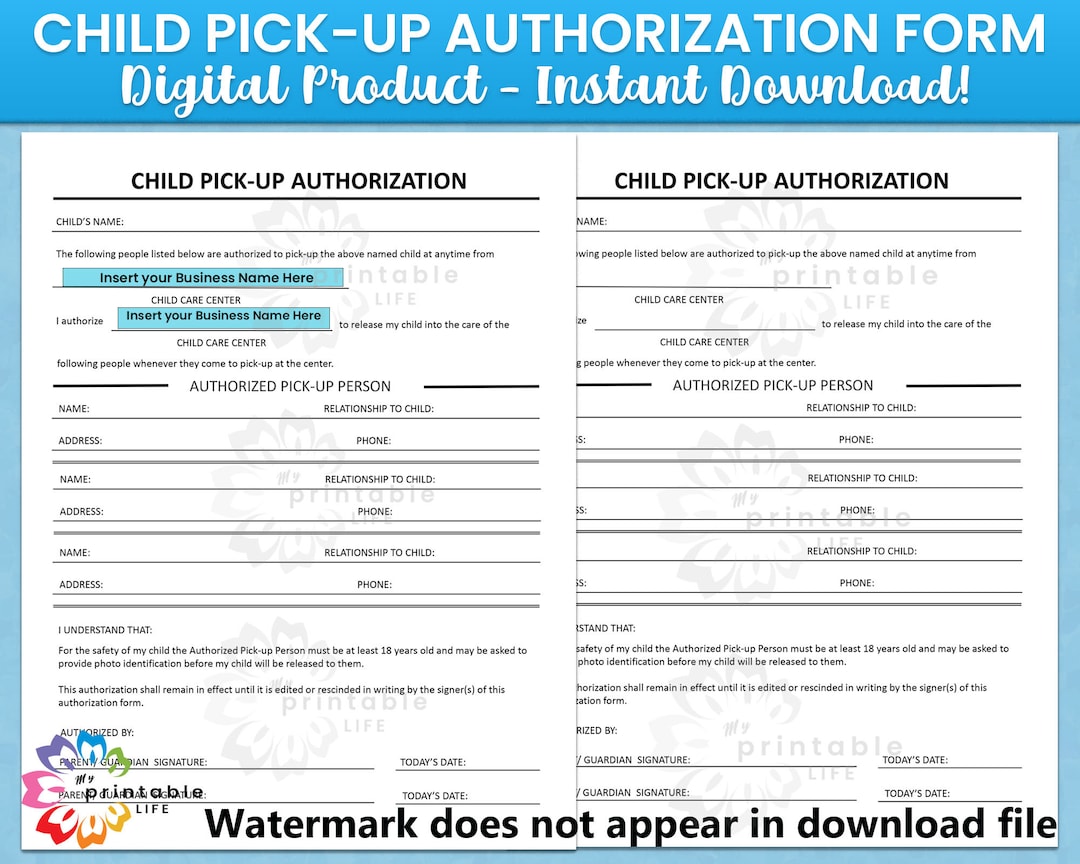 Child Pick-up Authorization Form, Daycare or Child Care, Printable ...