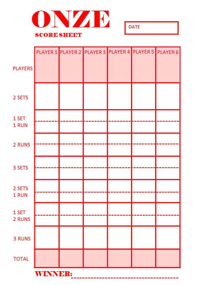ONZE Score Sheet, Card Game Scorecard, Comes in 5 Colors, 2 Sizes ...