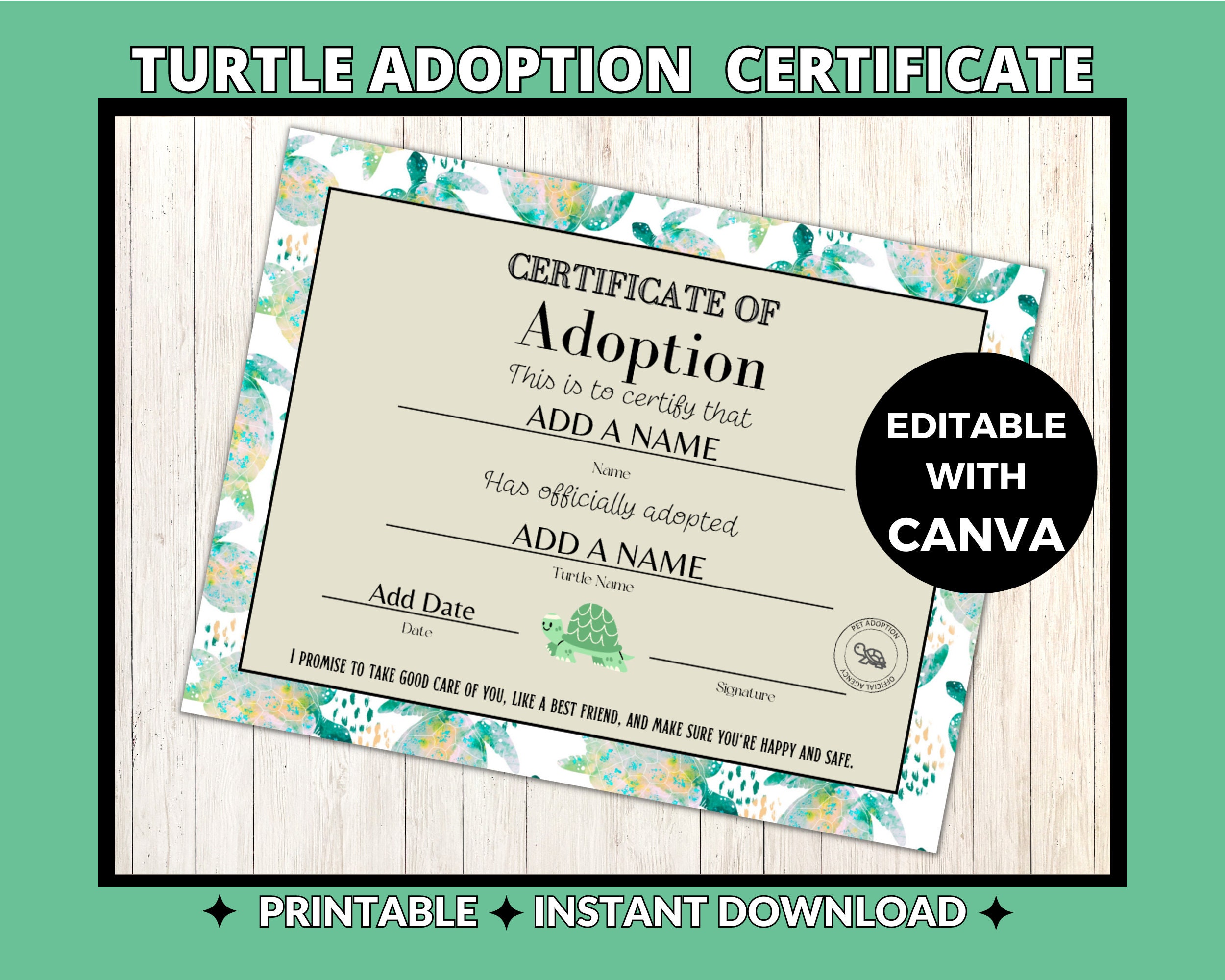 Editable Turtle Adoption Certificate | Custom Canva & PDF Template ...