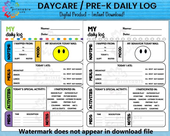 Daycare Daily Log Printable Report Tracker for Pre-k | Etsy