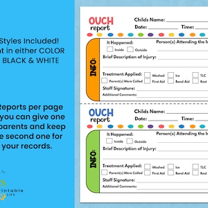 OUCH REPORT- Daycare Printable Child Incident Report, Preschool ...