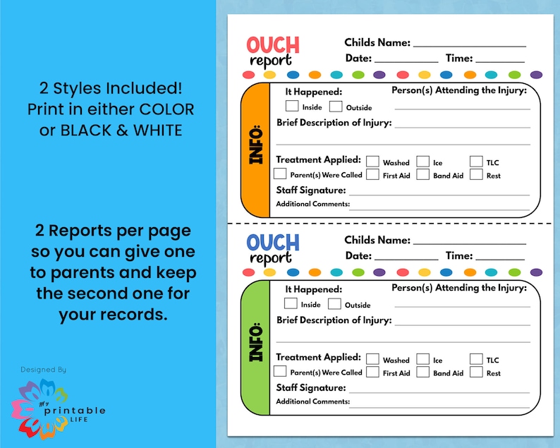 OUCH REPORT- Daycare Printable Child Incident Report, Preschool ...