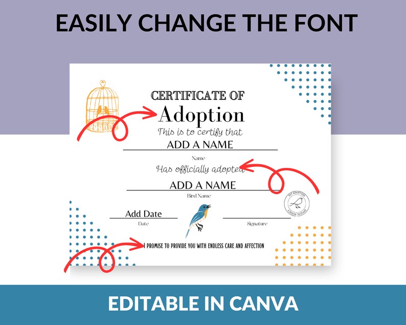 Bird Adoption Certificate | Editable Canva Template | Printable Avian ...