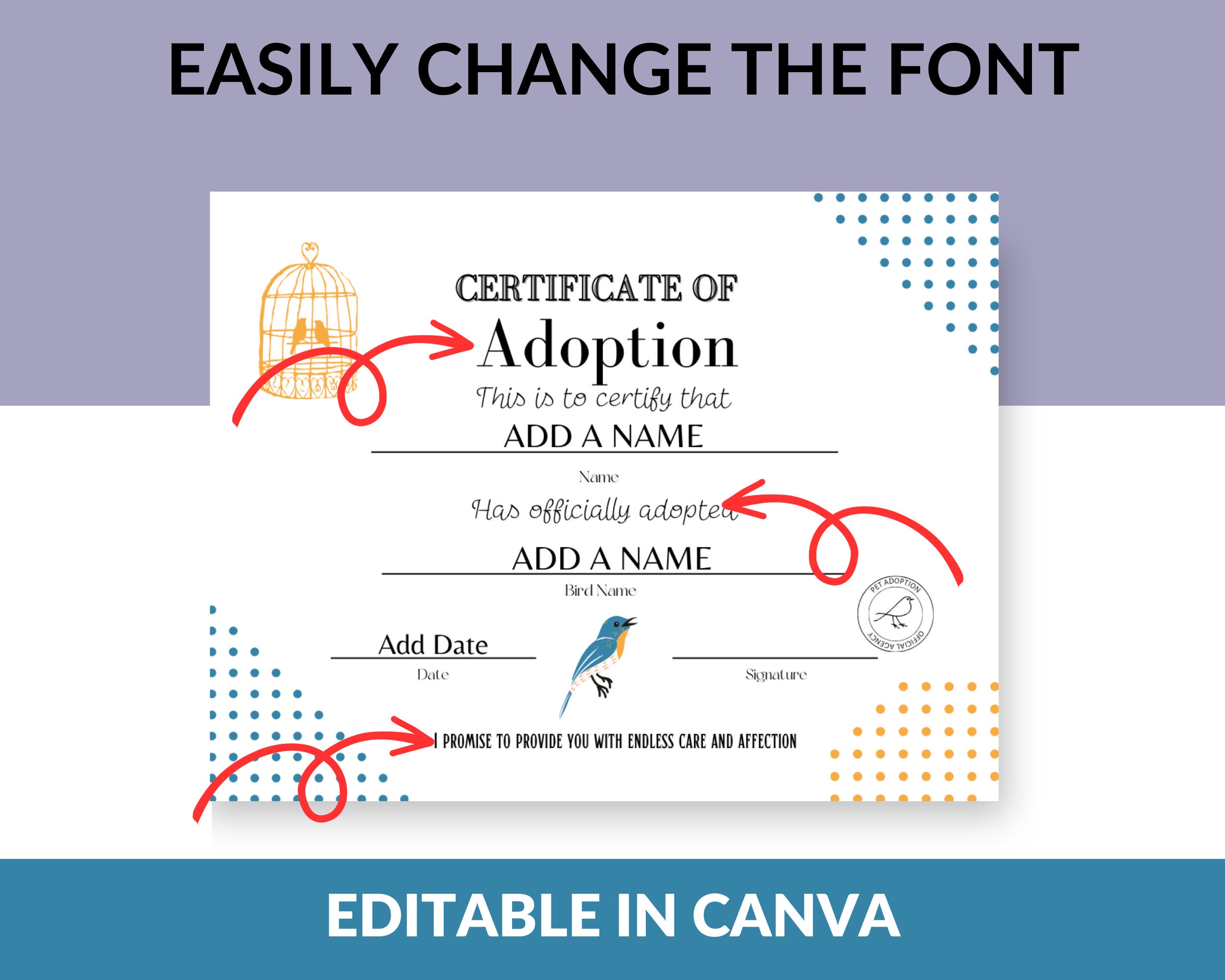Bird Adoption Certificate | Editable Canva Template | Printable Avian ...