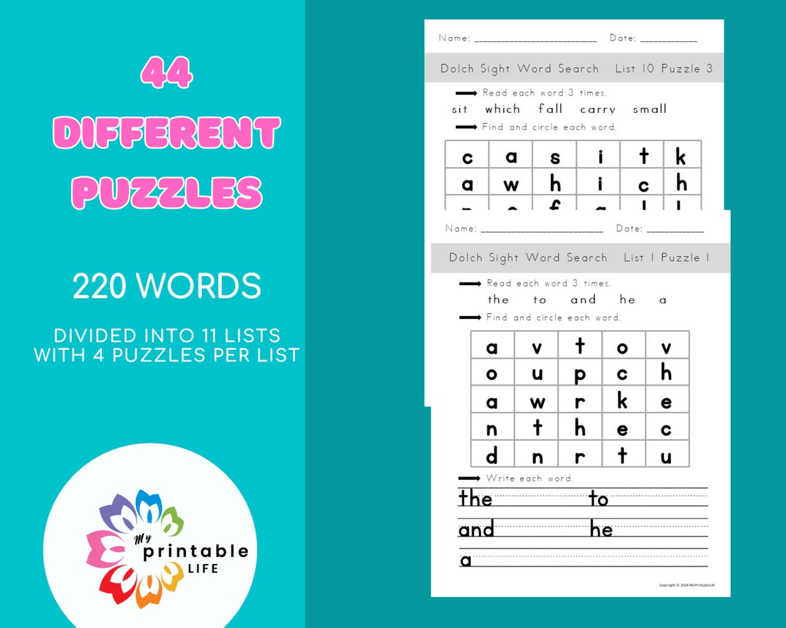 Sight Words Word Search Puzzle Worksheets | 220 Dolch Words | 44 ...