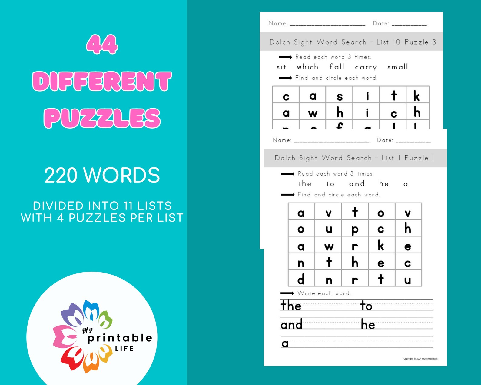 Sight Words Word Search Puzzle Worksheets | 220 Dolch Words | 44 ...