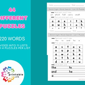 Sight Words Word Search Puzzle Worksheets | 220 Dolch Words | 44 ...
