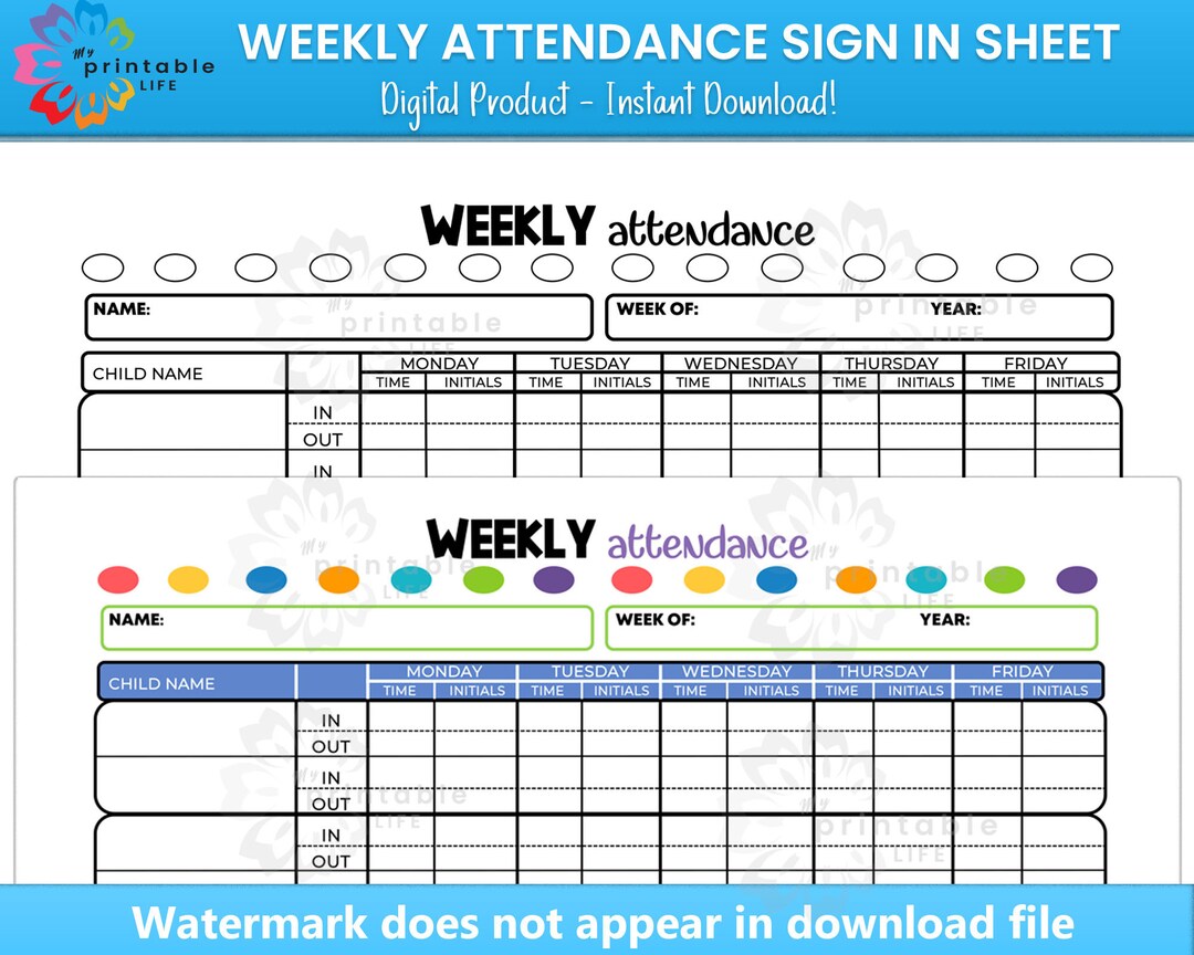 Weekly Attendance Form Sign-in Sign-out Sheet Event Printable ...