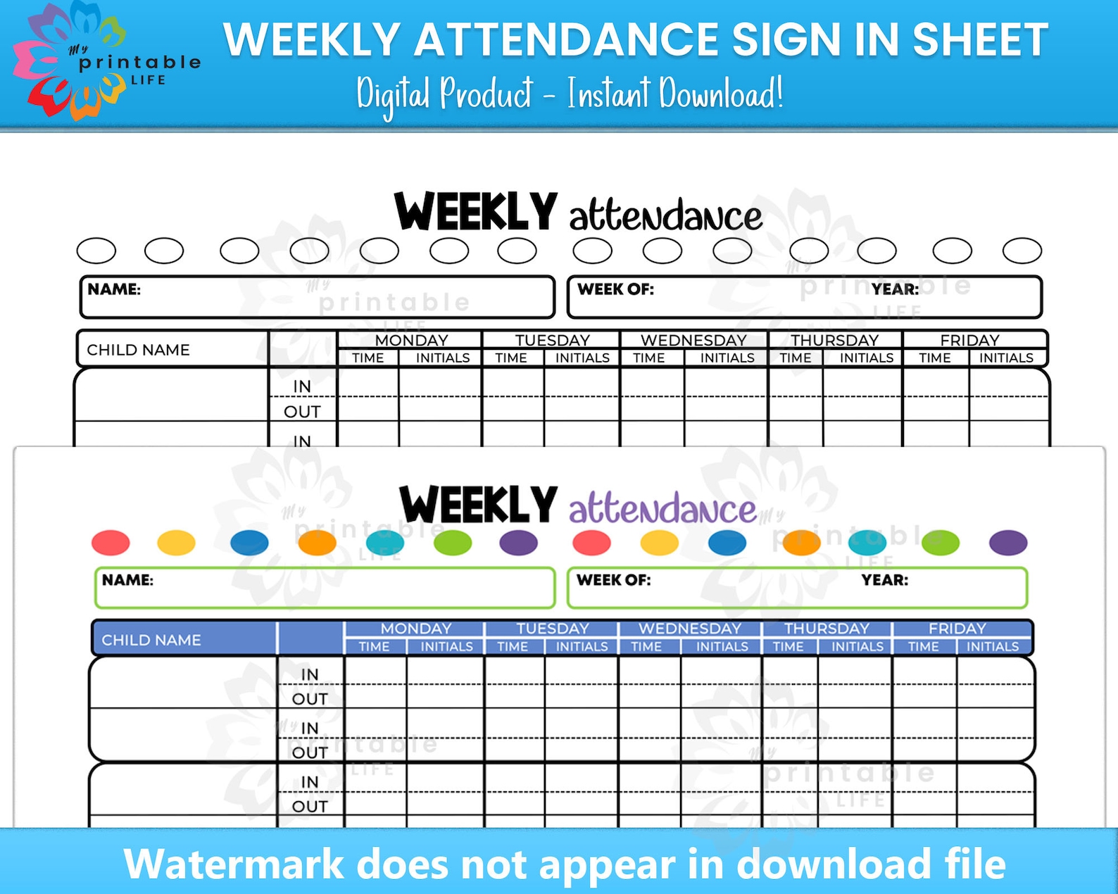 Weekly Attendance Form Sign-in Sign-out Sheet Event Printable ...
