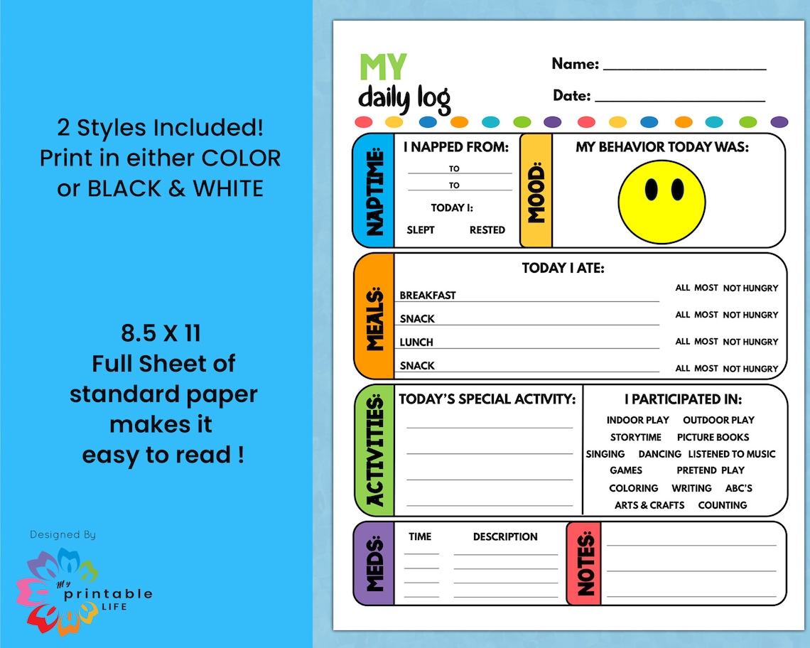 Daycare Daily Log Printable Report Tracker for Pre-k - Etsy