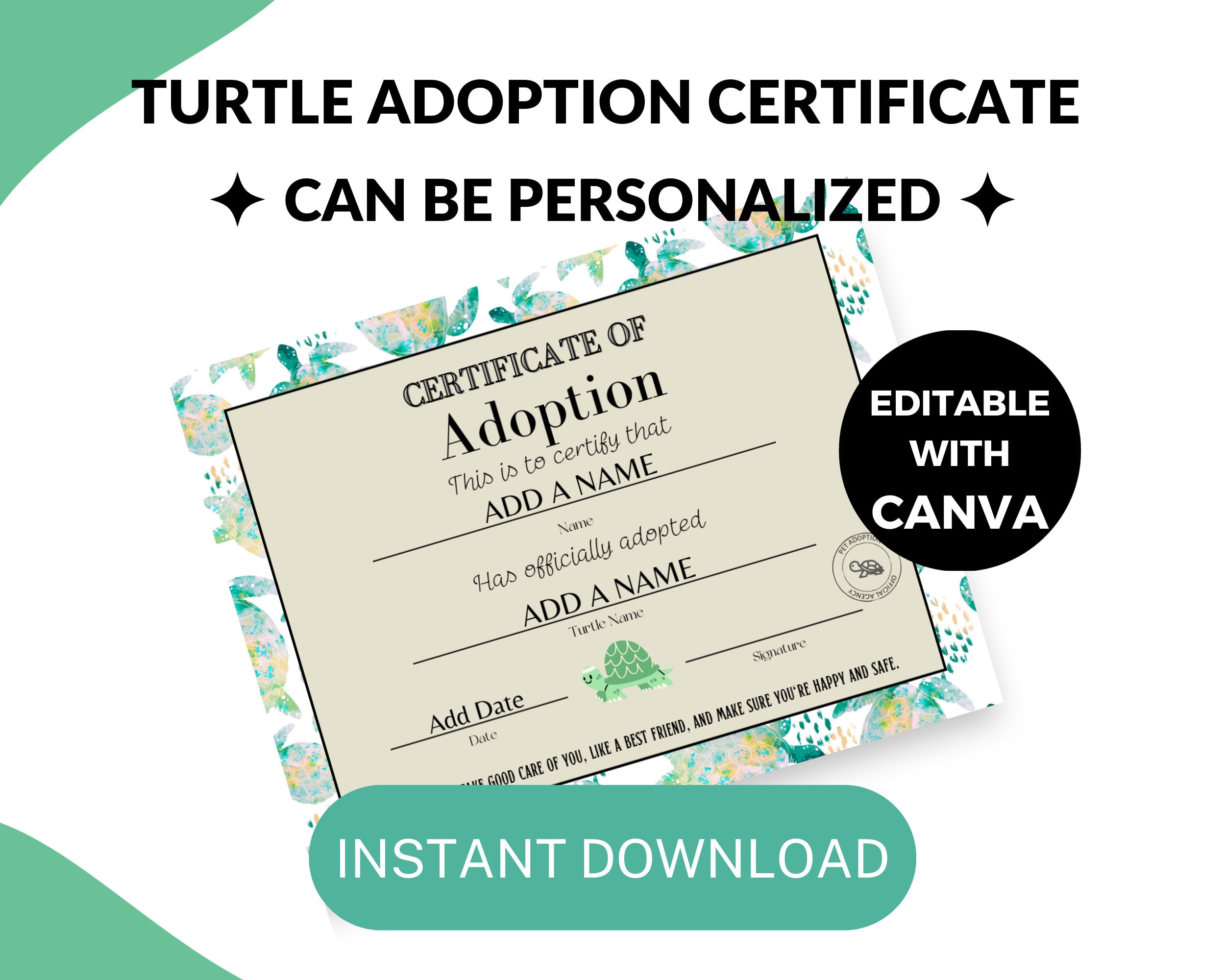 Editable Turtle Adoption Certificate | Custom Canva & PDF Template ...