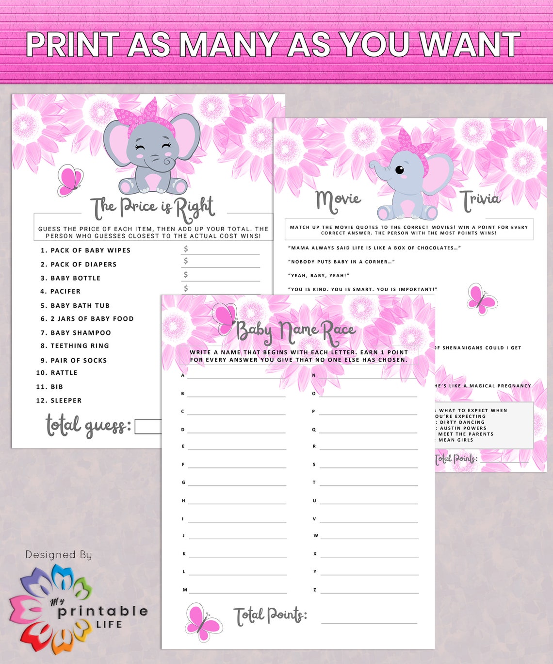Elephant Baby Shower Games Printable Game Bundle Pink Elephant Instant ...