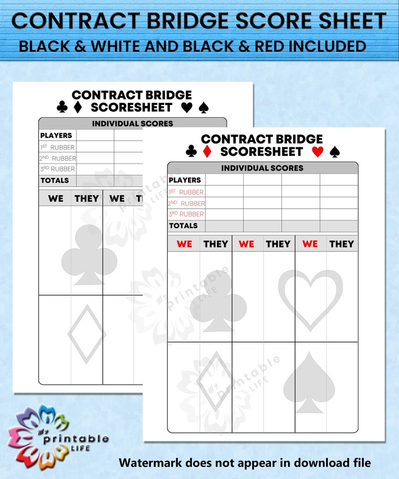 CONTRACT BRIDGE Score Sheet, Card Game Scorecard, Comes in 2 Colors, 2 ...