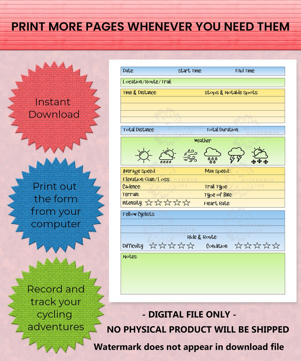 Cycling Journal Bike Log Planner Pages- Printable PDF - Instant ...