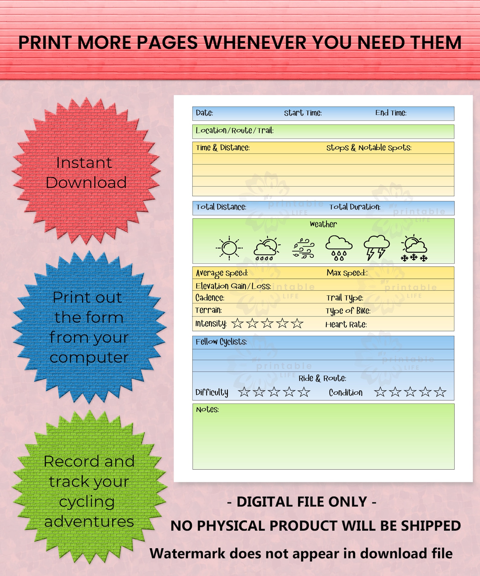 Cycling Journal Bike Log Planner Pages- Printable PDF - Instant ...
