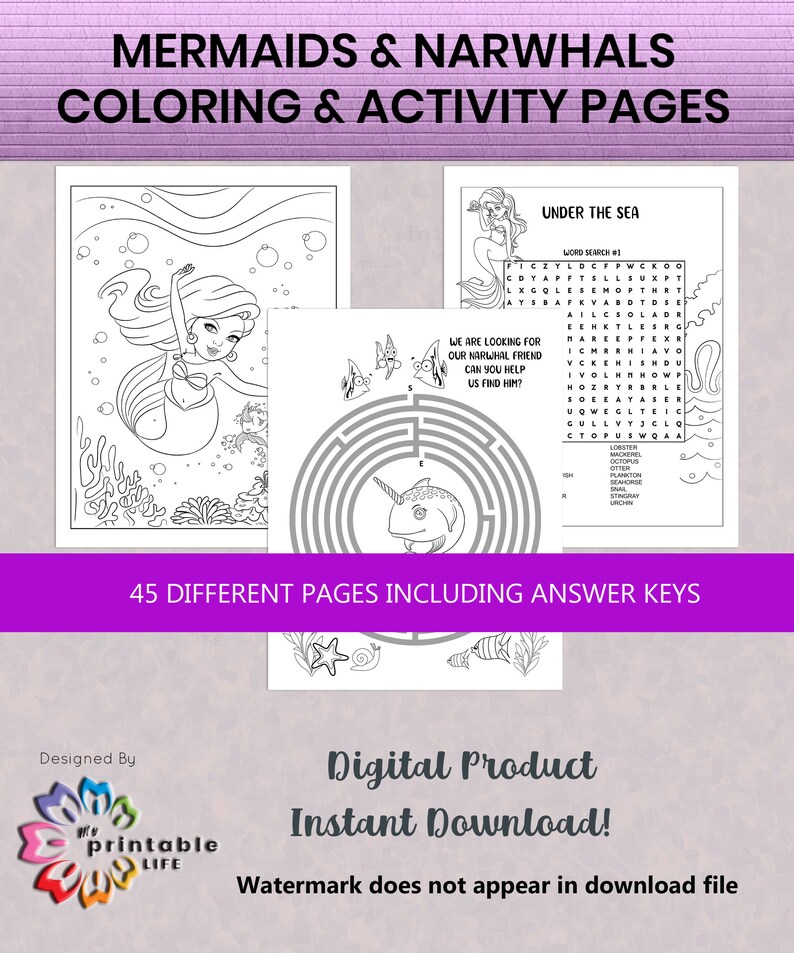 Mermaids and Narwhals Printable Coloring and Activity Pages, Instant ...