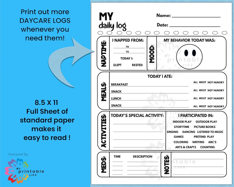 Daycare Daily Log Printable Report Tracker for Pre-k - Etsy