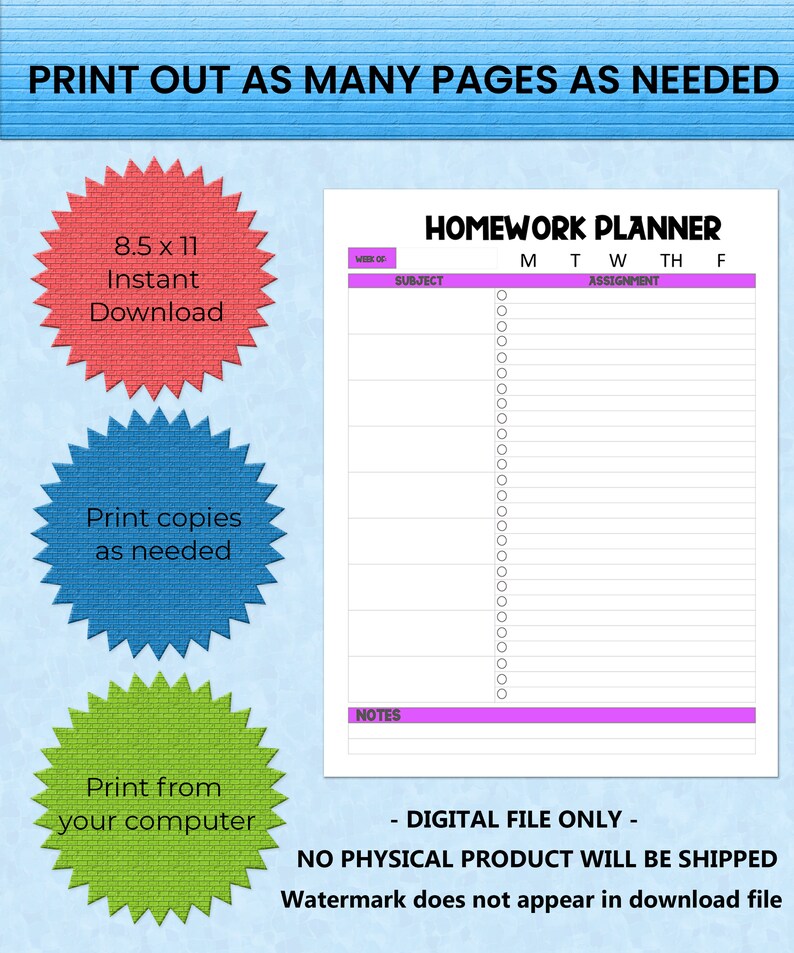Homework Planner Printable, Printable Planner, Academic Planner - Etsy