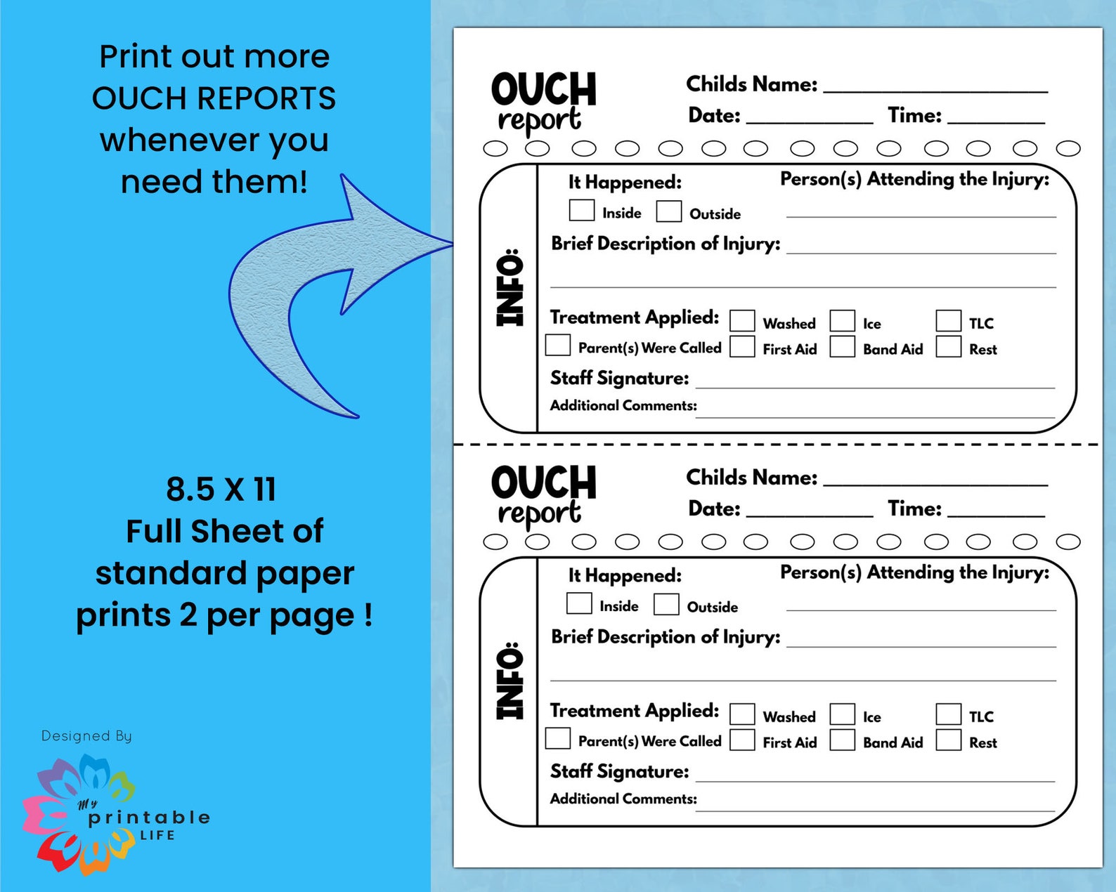 OUCH REPORT- Daycare Printable Child Incident Report, Preschool ...