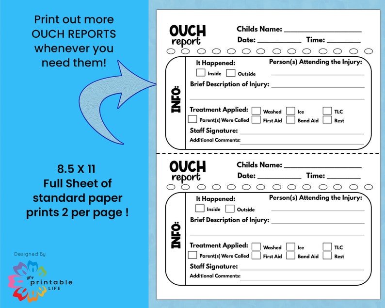OUCH REPORT- Daycare Printable Child Incident Report, Preschool ...