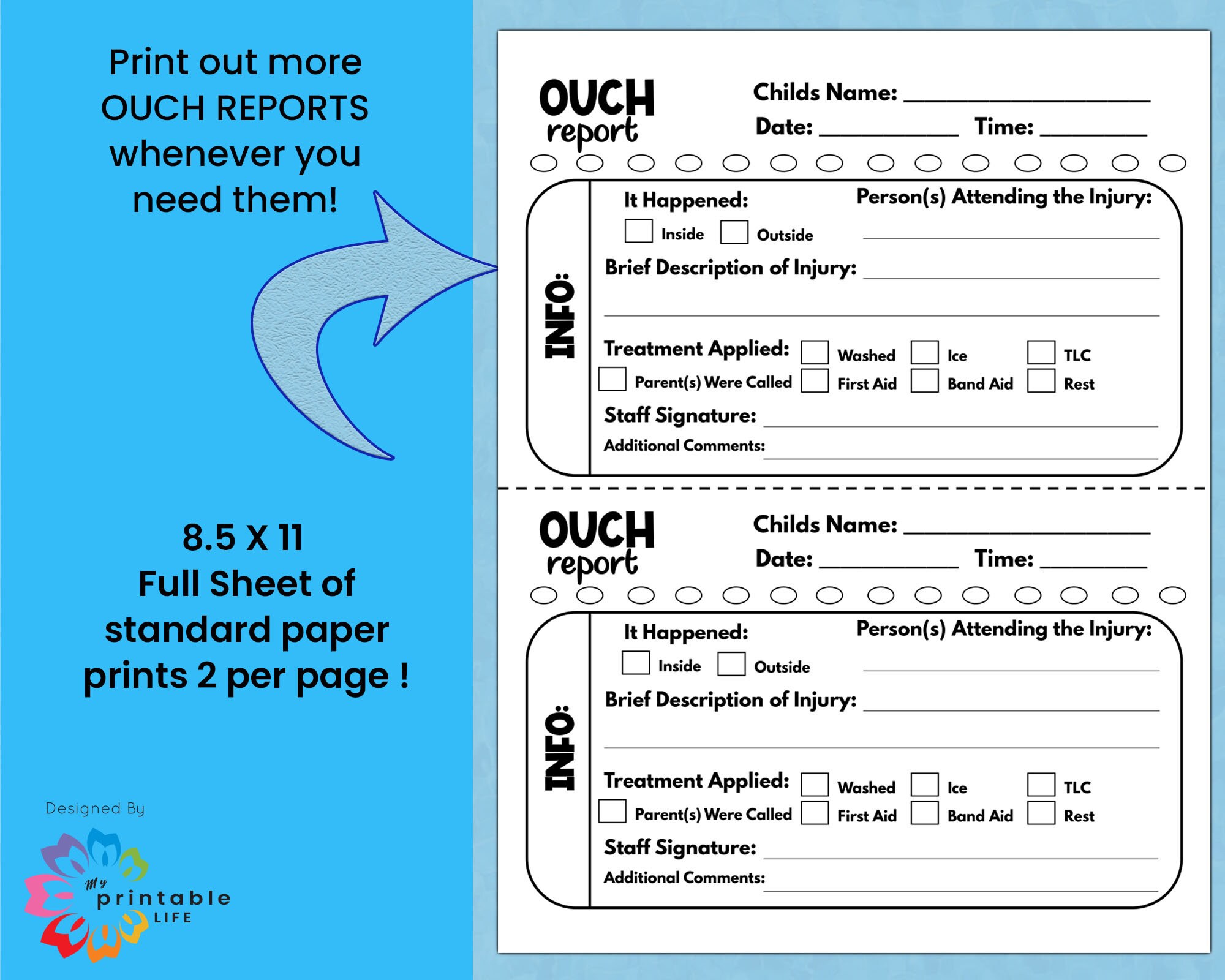 OUCH REPORT- Daycare Printable Child Incident Report, Preschool ...