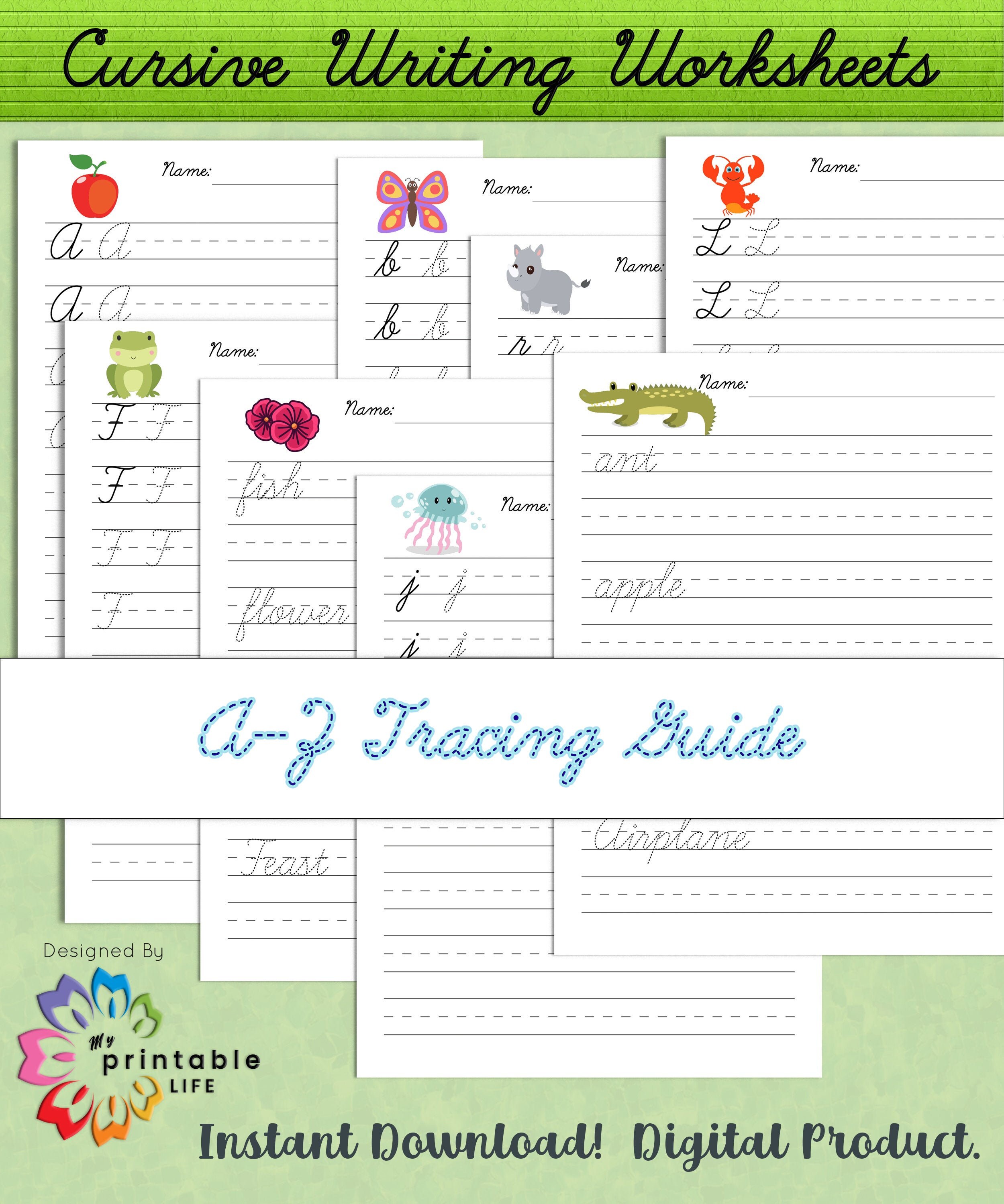 Cursive Writing Worksheets Alphabet A Z Tracing Guide | Etsy