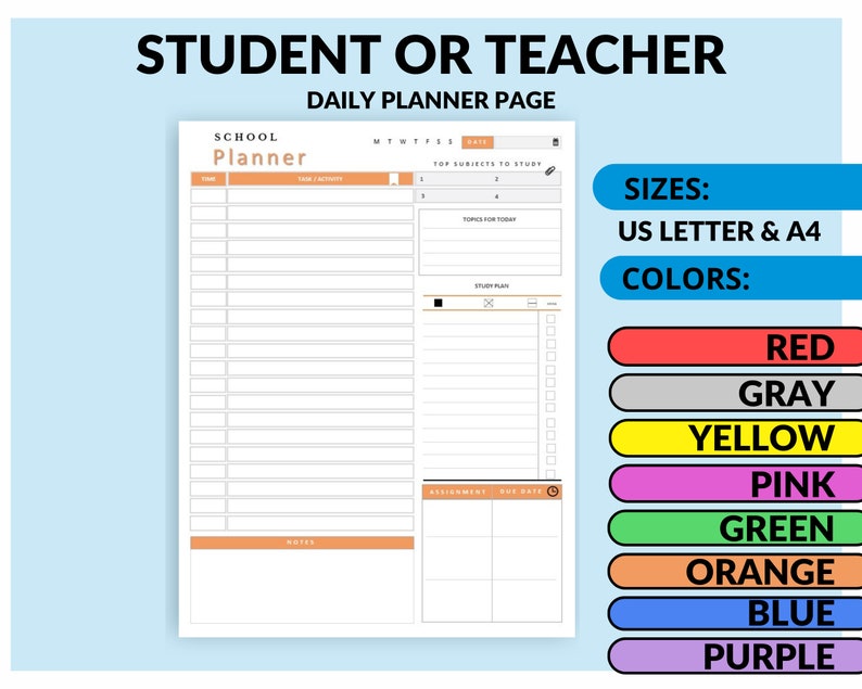 School Daily Planner Page Printable Organizer for Students - Etsy