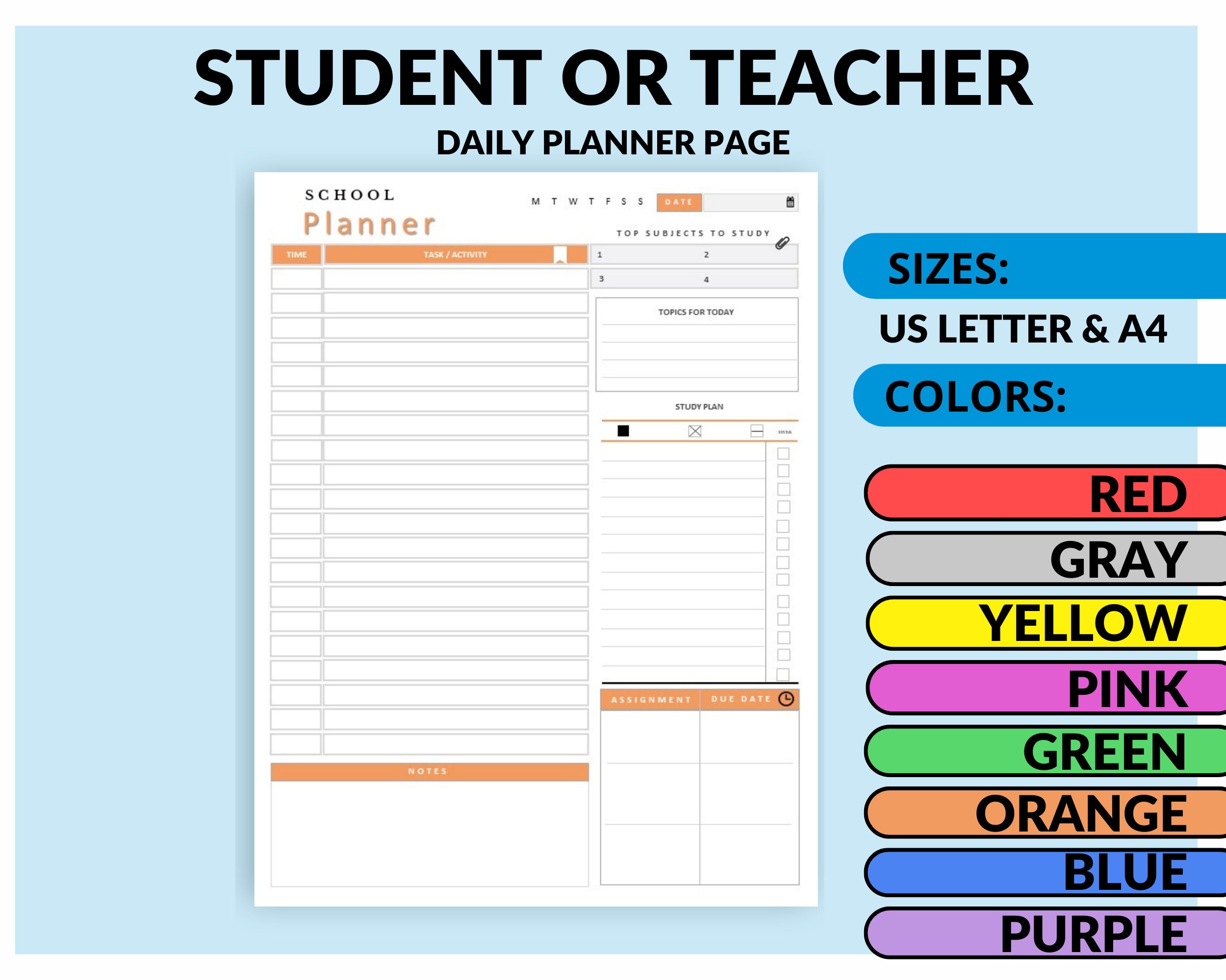 School Daily Planner Page Printable Organizer for Students and Teachers ...