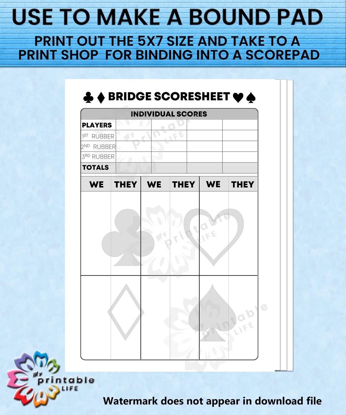 BRIDGE Score Sheet, Card Game Scorecard, Comes in 2 Colors, 2 Sizes ...