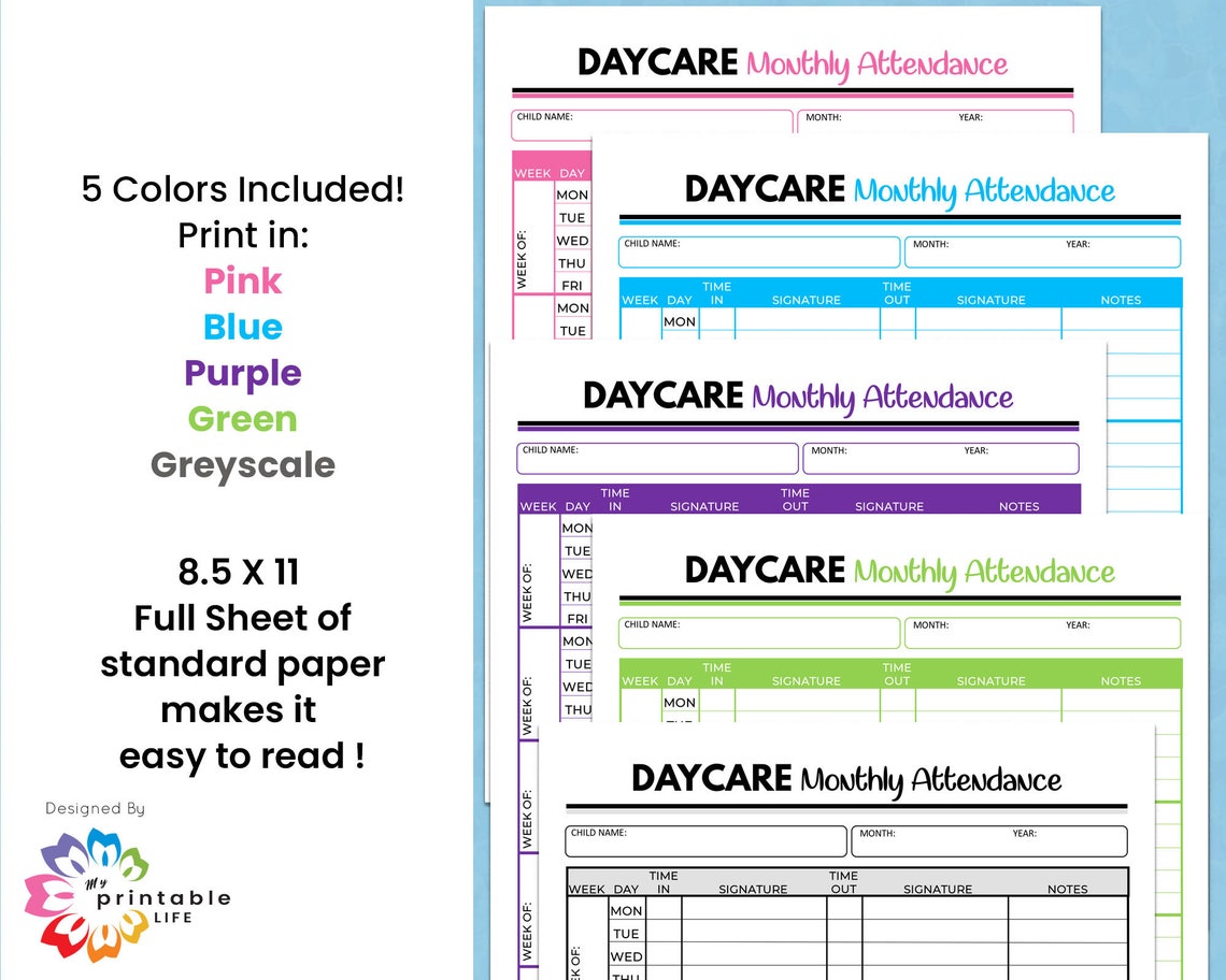 Daycare Monthly Attendance Form Sign-in Sign-out Sheet Daycare ...