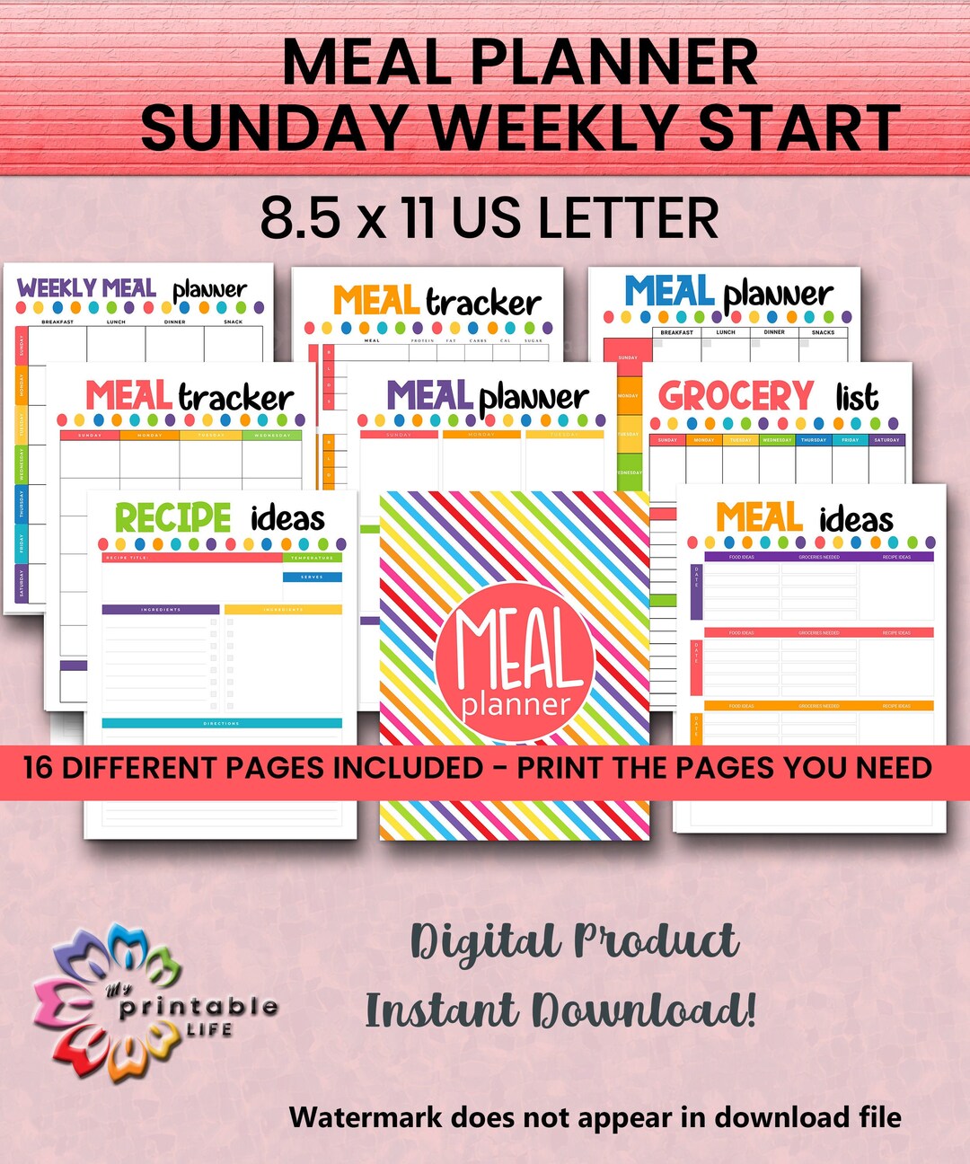 Sunday Start Weekly Meal Planner Printable, Menu Planner, Weekly Meal ...