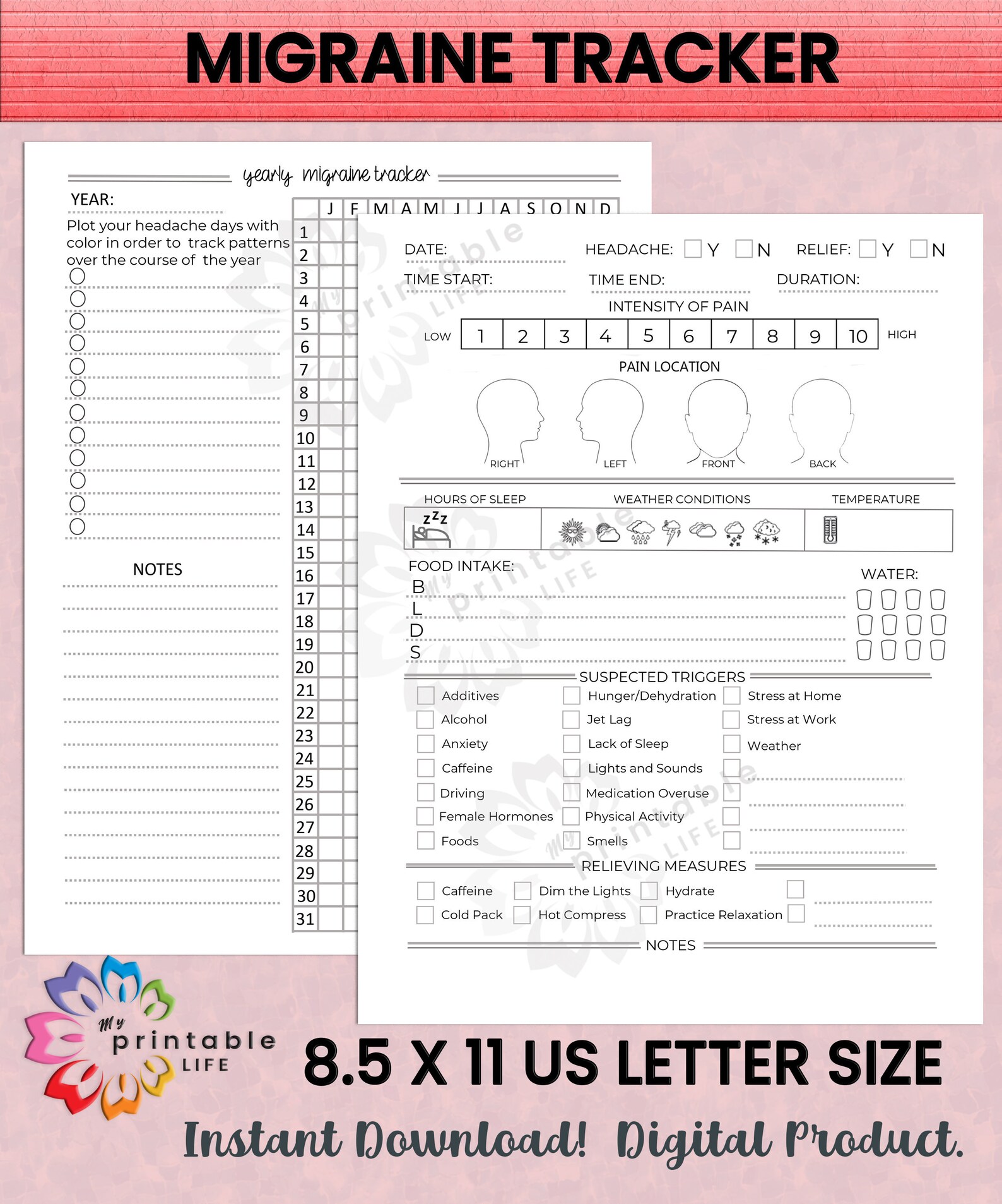 Migraine Tracker Planner Printable PDF Insert Headache | Etsy