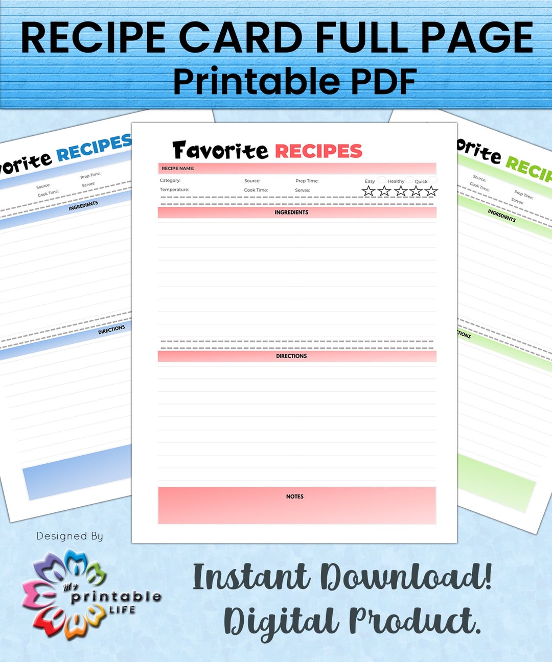 Recipe Card Full Page in 3 Colors - Fillable Lined & Unlined ...