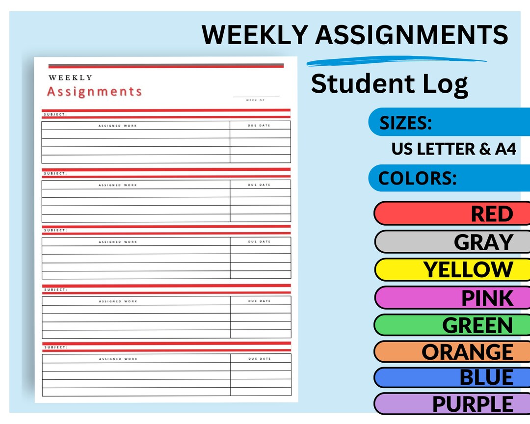 Weekly Assignments Printable Page | Student Planner | Homework Tracker ...