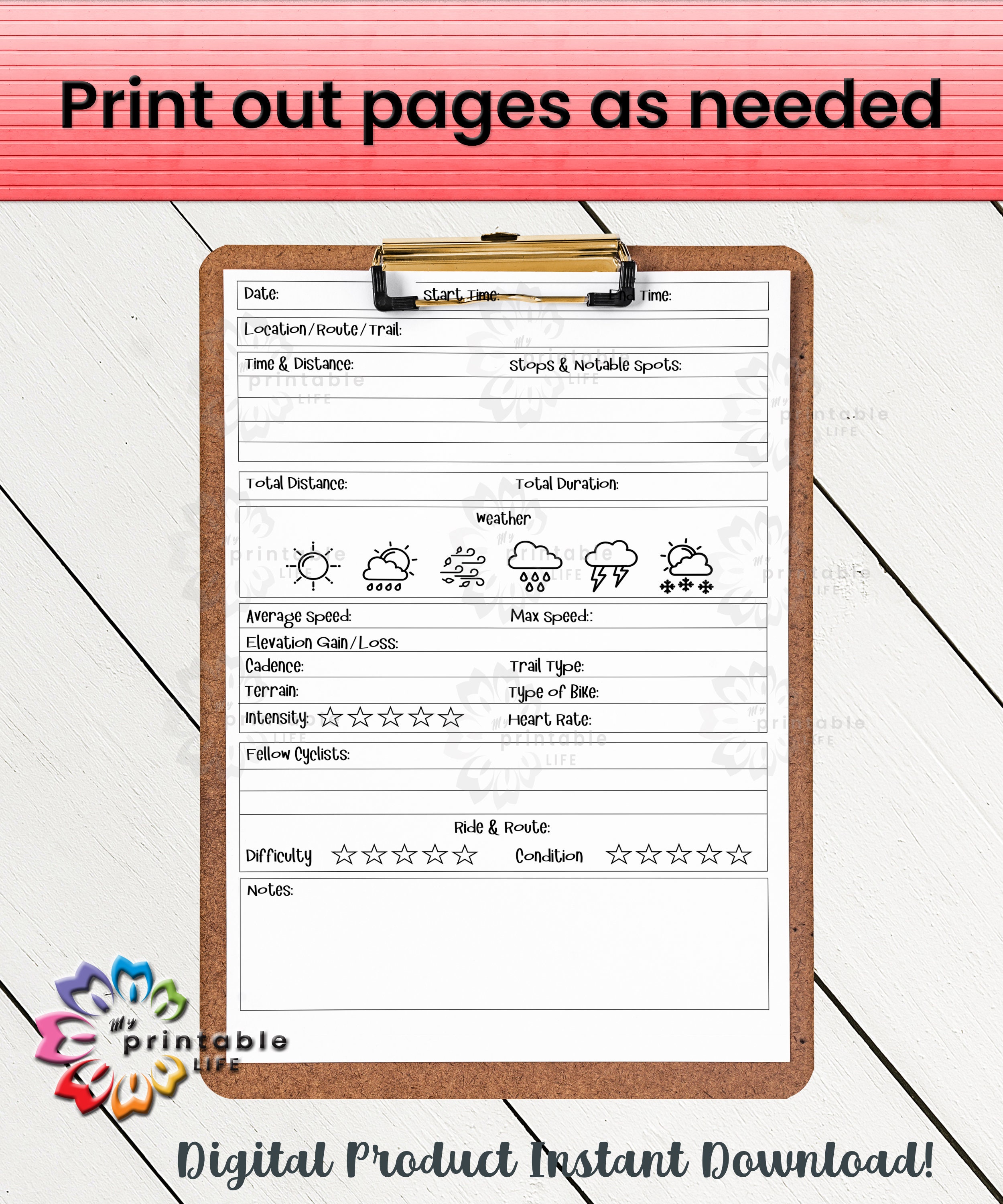 Cycling Journal Bike Log Planner Pages- Printable PDF - Instant ...