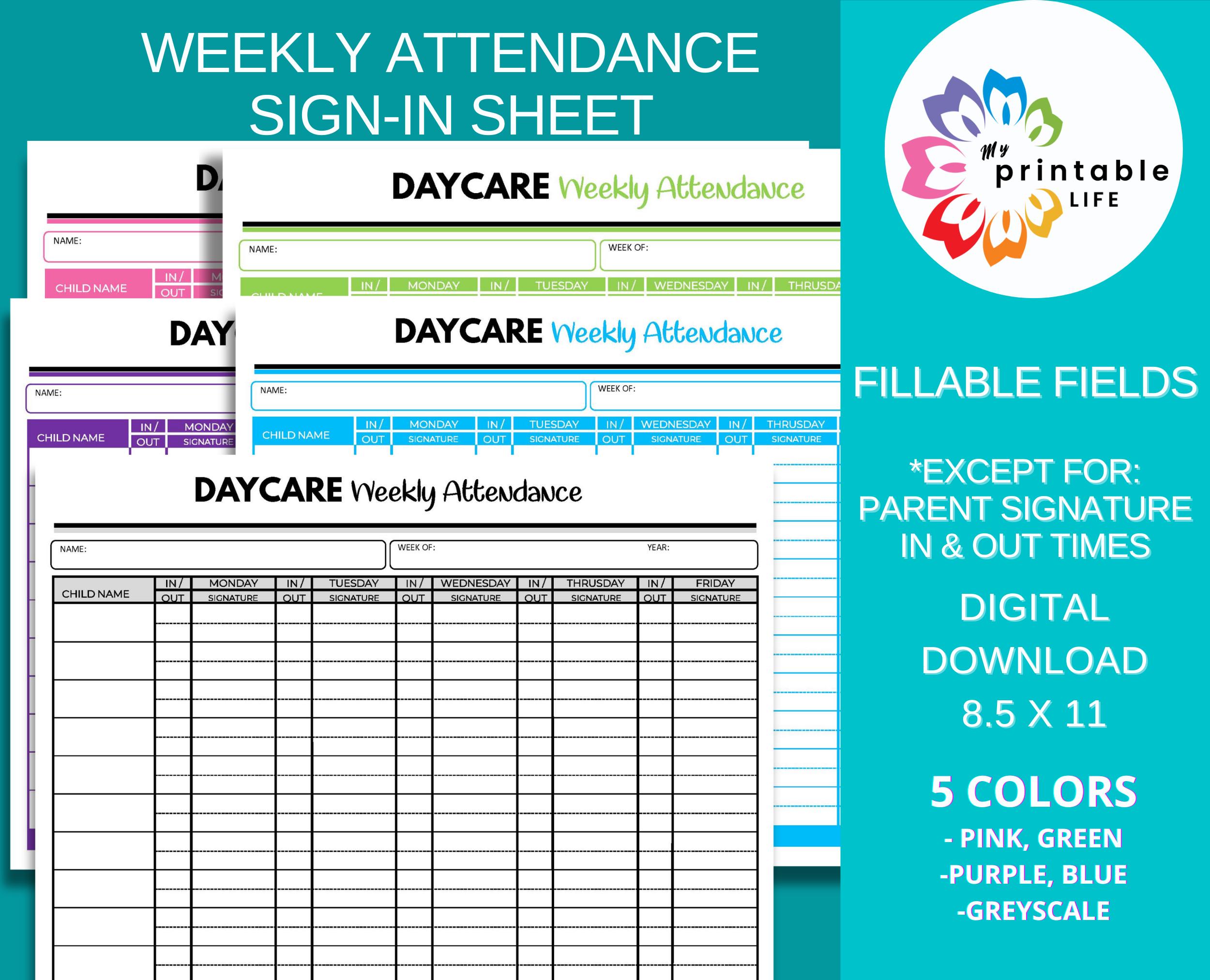 Daycare Weekly Attendance Fillable Form Sign-in Sign-out Sheet Daycare ...