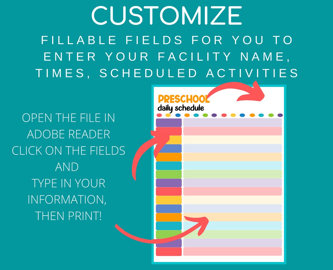 Daycare Daily Schedule for PRESCHOOL Printable Child Care Fillable PDF ...