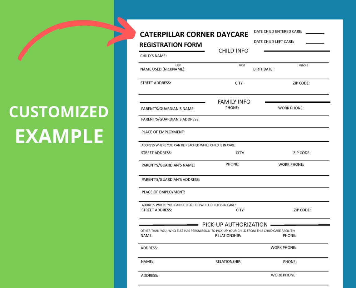 DAYCARE REGISTRATION FORM Fillable Business Name Printable Child Care ...