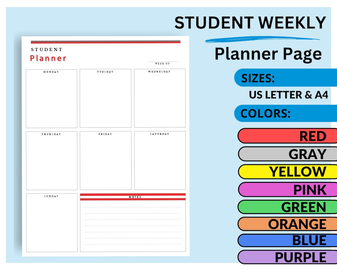 Printable Student Weekly Planner Page | Academic Organizer for Students ...