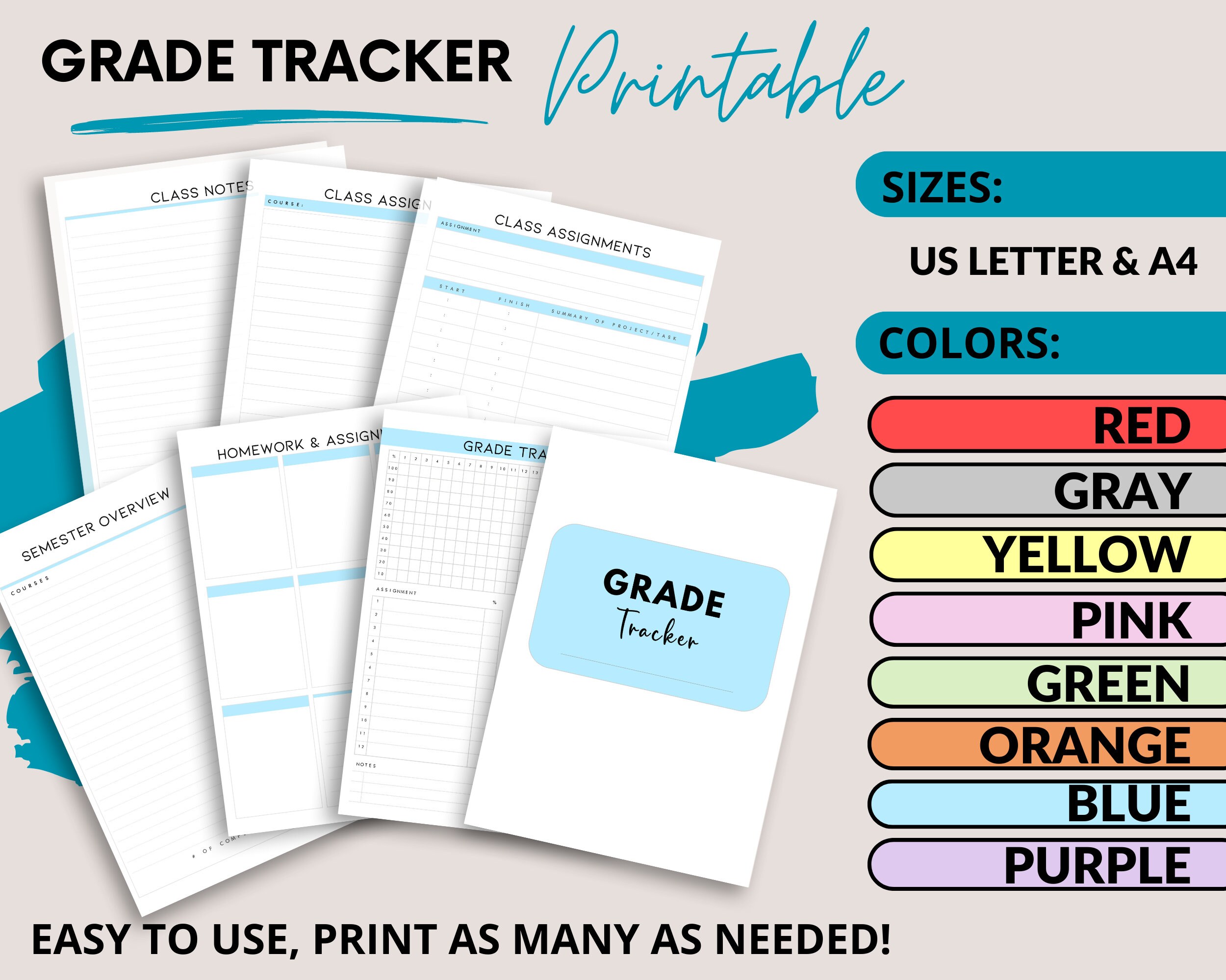 Printable Grade Tracker, Colorful Student Planner (PDF Download) - Etsy