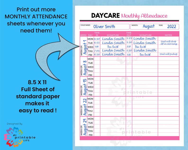 Daycare Attendance Form, Sign-in Sign-out Sheet, Childcare Printable ...