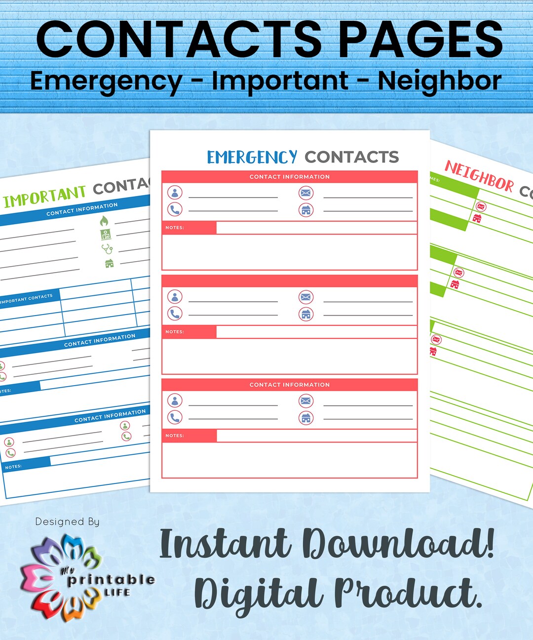 Contacts Printable, Emergency Contacts, Important Contacts, Neighbor ...
