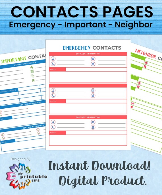 Contacts Printable Emergency Contacts Important Contacts | Etsy